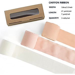 joybest Handmade Chiffon Ribbons for Gift Wrapping, Pink & Cream White Boho Fabric Ribbons for Crafts, Silk Pink Ribbons for Wedding Invitation, Bridal Bouquets, DIY Crafts, Party Decor 1.5’’ x 7Yd