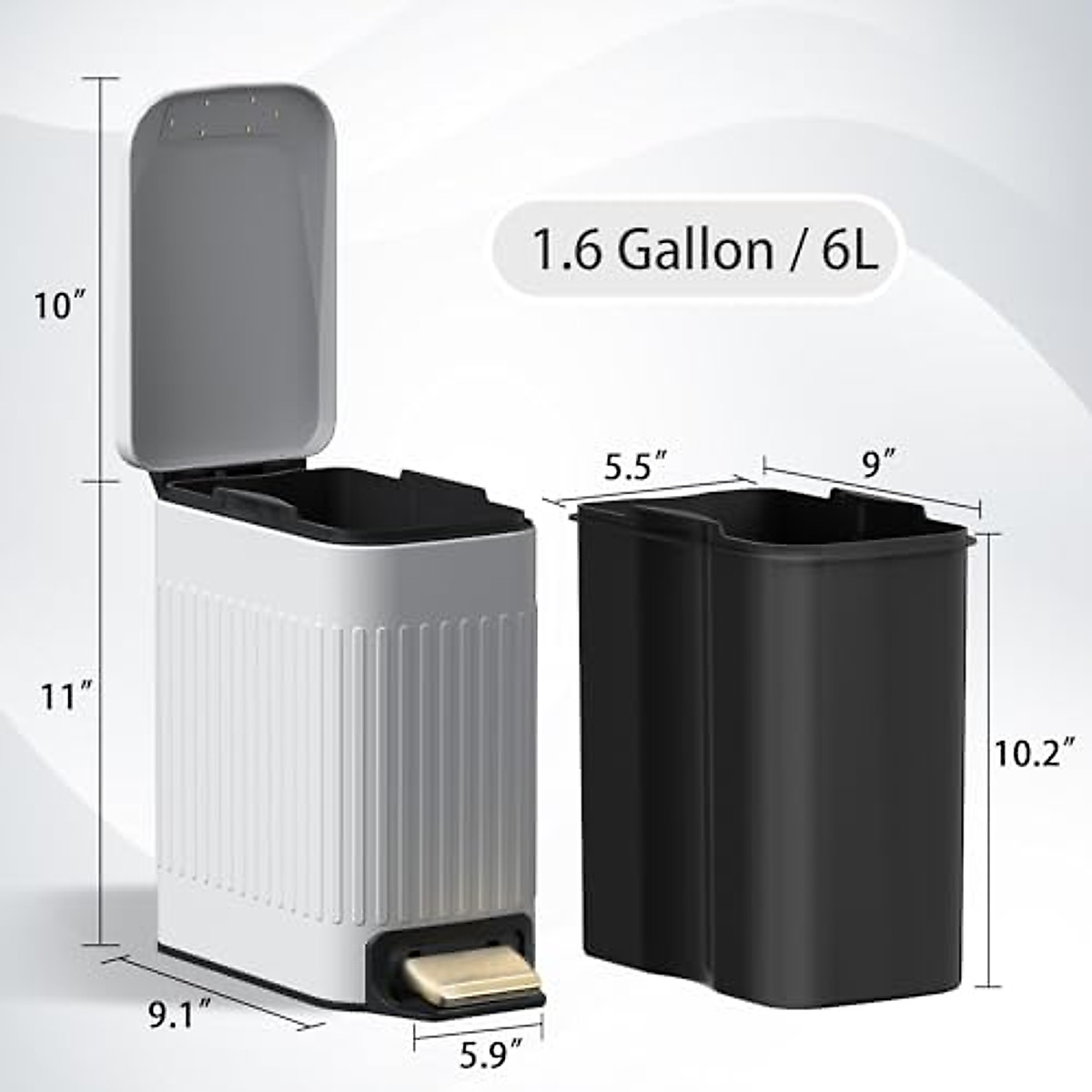 CEROELDA Small Bathroom Trash Can with Plastic Lid, 6L/1.6 Gal Stainless Steel Slim Garbage Can-Metal Wastebasket-Rectangle Pedal Step Trash Bin -for Narrow Kitchen Bedroom Office Toilet-White