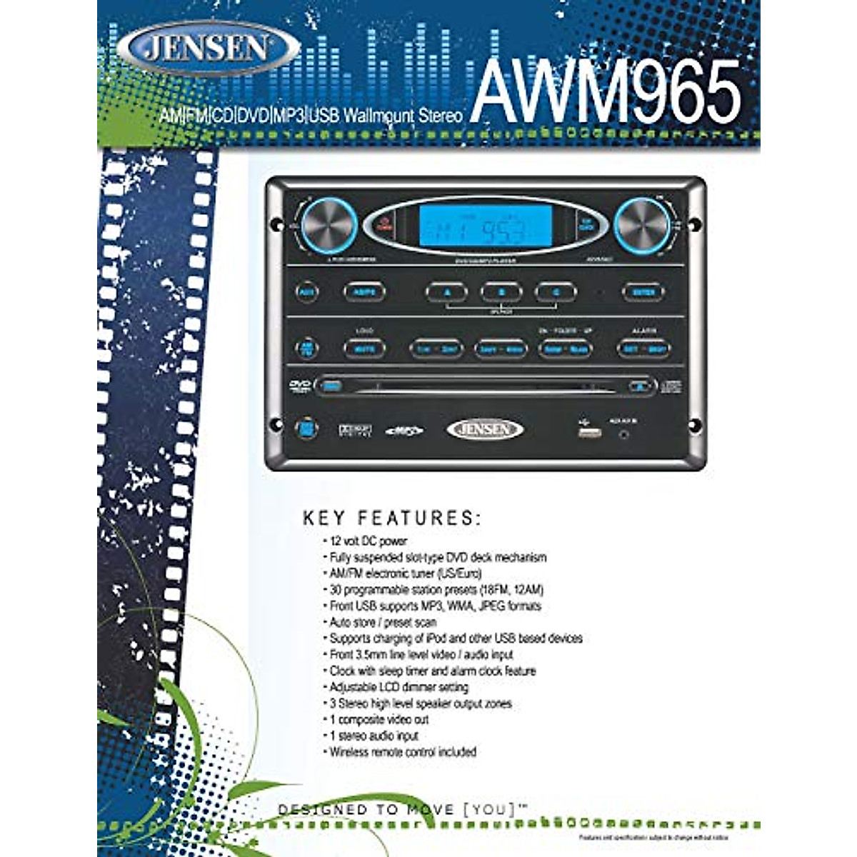 Jensen AWM965 AM/FM|CD|DVD|MP3/USB Wallmount Stereo with DVD Player, Front USB Supports MP3, WMA, JPEG Formats, Remote Control Included, 12 Volt (Renewed)