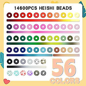14600pcs Clay Beads for Bracelets Making Kit, 56 Colors Polymer Heishi Flat Clay Beads Charms for Jewelry Earring Making Kit Smiley Face Letter Beads with Necklace Strings Stuff Gift for Girls 6-12