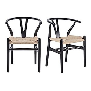 Farini Wishbone Chairs for Dining Room Solid Wood Rattan Chair Armchairs Y Shaped Backrest Hemp Seat for Home Restaurant Fully-Assembled(Set of 2,Black-Beige Seat)