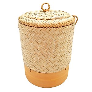 Bamboo Sticky Rice Serving Basket 6.5 x 5.5 Inch, Kratip, Intricately Woven Container, Cylinder-Shaped with a Lid, Thailand Handmade, Original Natural Bamboo Color (Original Natural Bamboo Color)