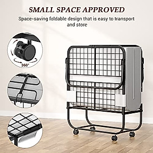 Homieasy Folding Bed with Mattress, Portable Foldable Bed with Storage Cover, Rollaway Bed for Adults with Memory Foam Mattress and Metal Frame, Cot Size Extra Guest Bed on Wheels (75” x 31”)