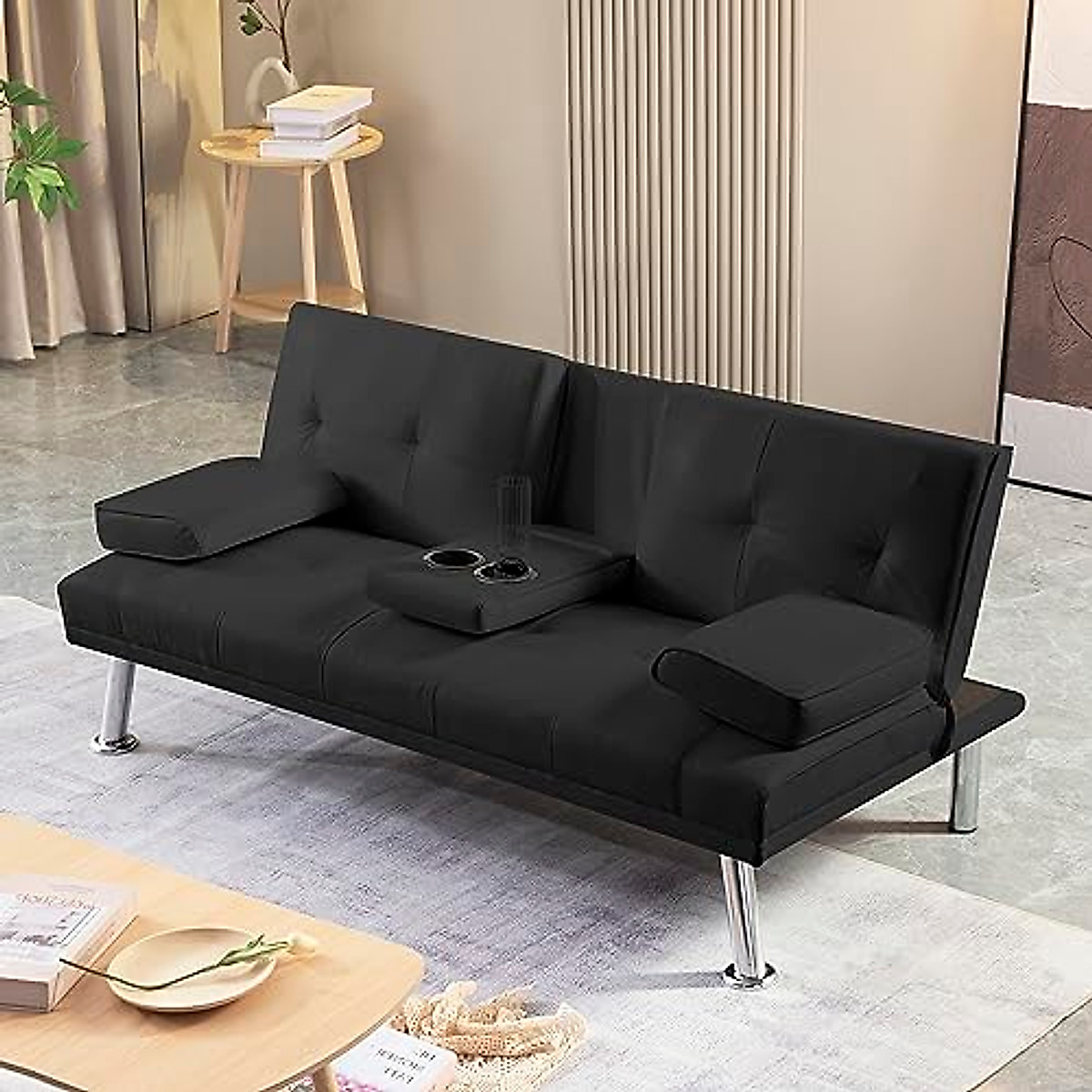 Majnesvon Modern Leather Futon Sofa Bed,Convertible Folding Couch Recliner,Sleeper Loveseat for Small Space,Apartment Office Dorms,with Cup Holders and Removable Armrest (Black-New)
