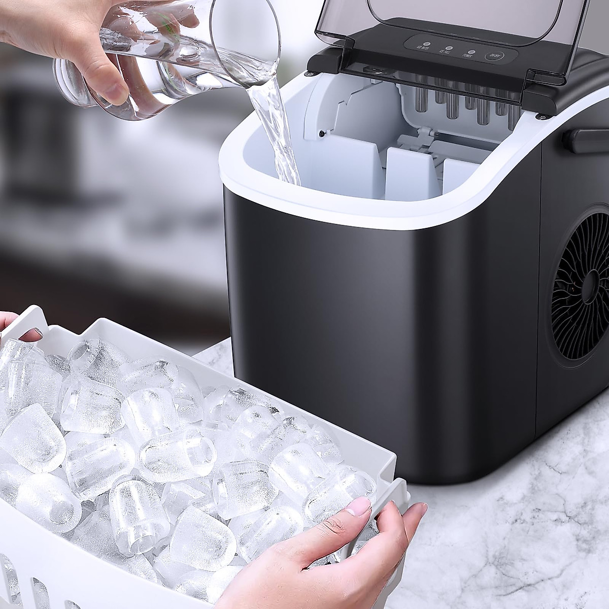 R.W.FLAME Ice Makers Countertop with Handle,26.5Lbs/24H,9 Cubes in 6 Mins,Portable Ice Maker Machine with Self-Cleaning,Ice Basket and Scoop,Perfect for Home, Kitchen, Bar, Camping(Black)