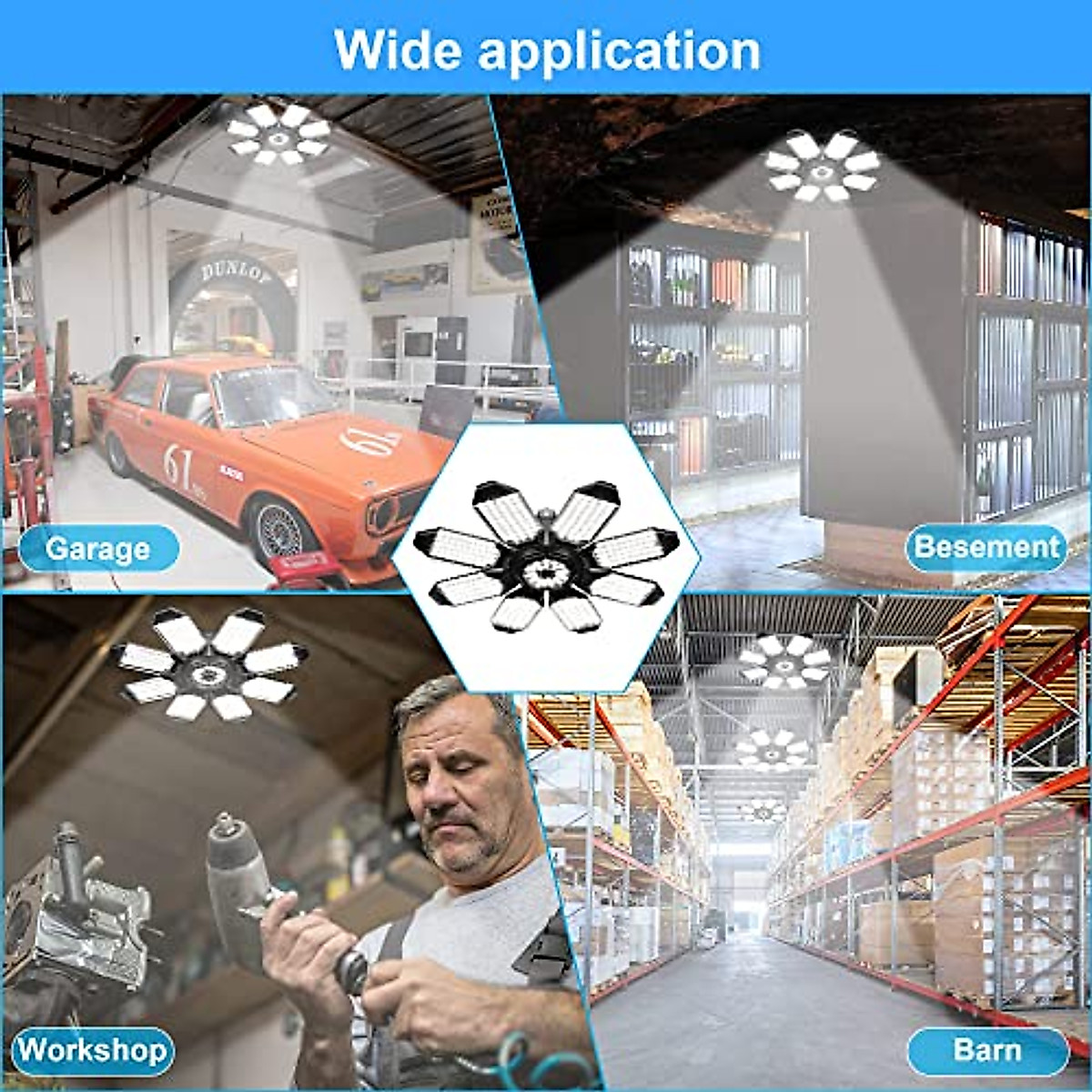 AUDLES 8+1 LED Garage Light, 260W LED Shop Light, E26/E27 Super Bright Deformable Ceiling Light Garage Lighting, Bay Light, Attic Light, Basement Light 2PK