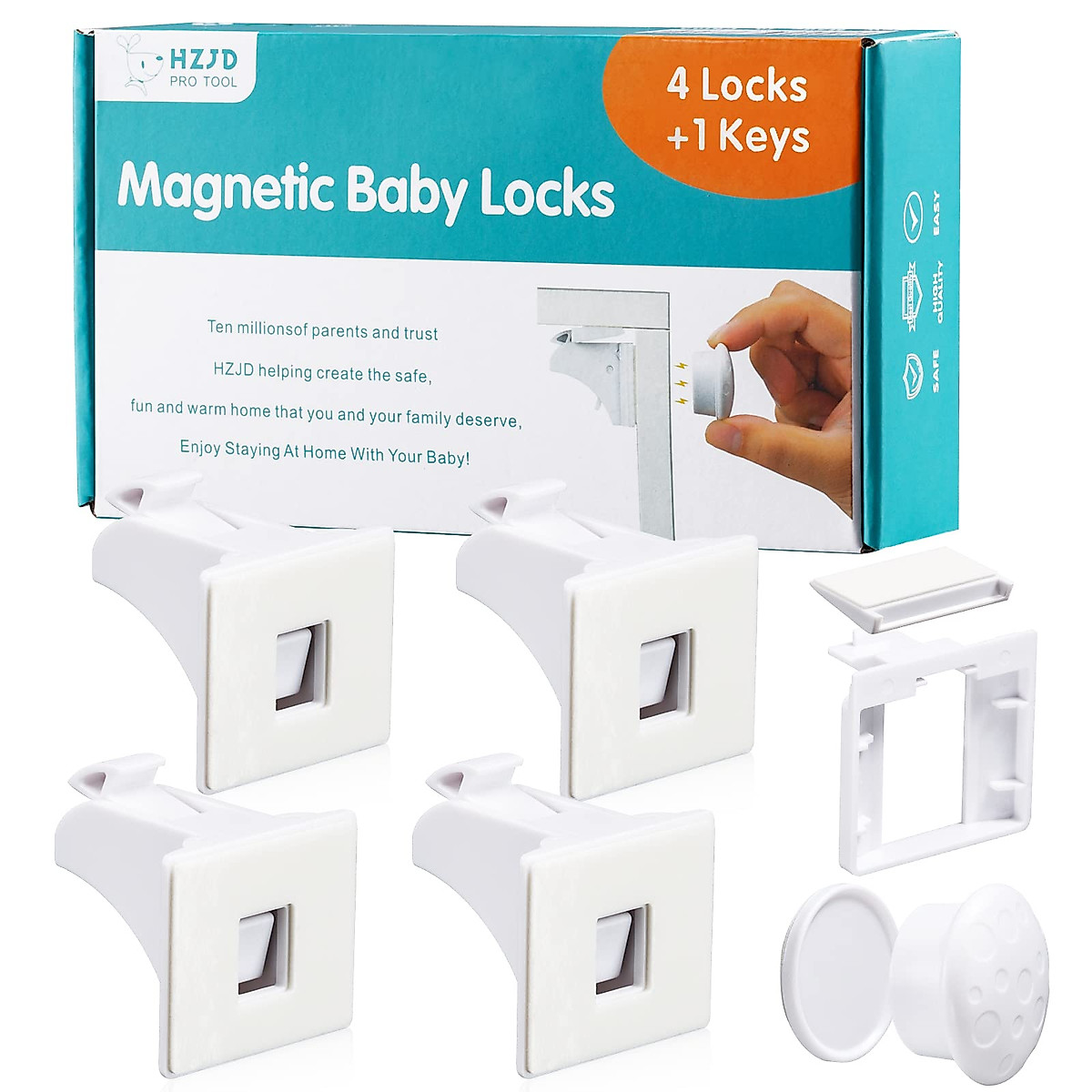 HZJD Magnetic Cabinet Locks Baby(4 Pack and 1 Keys)