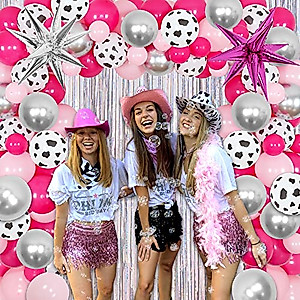 Jollyboom Space Cowgirl Party decorations, Western Disco Party Decorations for Women Hot Pink Balloon Garland Arch Kit, Laser Silver Fringe Curtains Star Foil Balloons for Girl Bachelorette Party