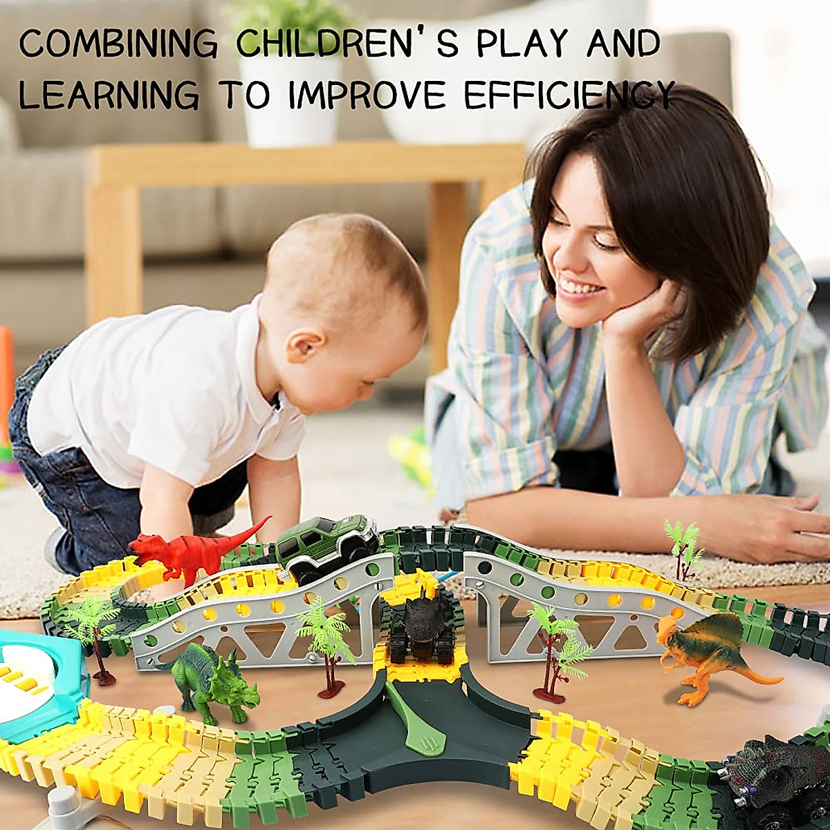 EpochAir Dinosaur Toys, 192pcs Create A Dinosaur World Road Race, Flexible Track Playset and 2 Pcs Cool Dinosaur Cars, 3pcs Dinosaurs for 3 4 5 6 7 8 Year Old Boys Girls Kids Best Birthday Gifts