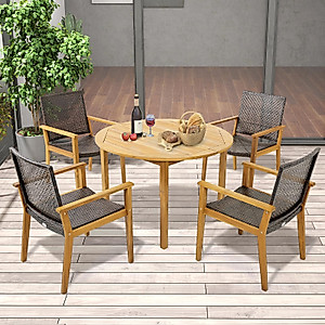 Tangkula Patio Dining Chairs Set of 4, Outdoor Acacia Wood & PE Wicker Chairs with Armrests, Outdoor Rattan Armchairs for Garden, Backyard, Poolside, Balcony (Mix Brown)