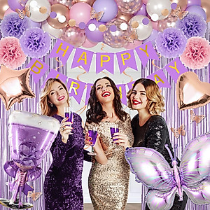 Purple Pink Birthday Party Decorations for Women Girls, Butterfly Confetti Rose Gold Lavender Balloons Happy Birthday Banner Fringe Curtains Hanging Swirls Circle Dots Tassels Pom 30th 40th 50th Her