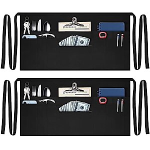 NLUS Server Aprons with 8 Pockets, Water Oil Stain Resistant Waitress Waiter Waist Aprons Poly/Cotton Bistro Apron for Women Men, 24 X 12 inch - 2 Pack