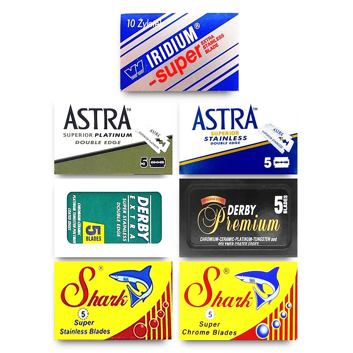 Astra-Derby-Wizamet- Shark 40 Quality Double Edge Razor Blades Sampler (7 different brands)