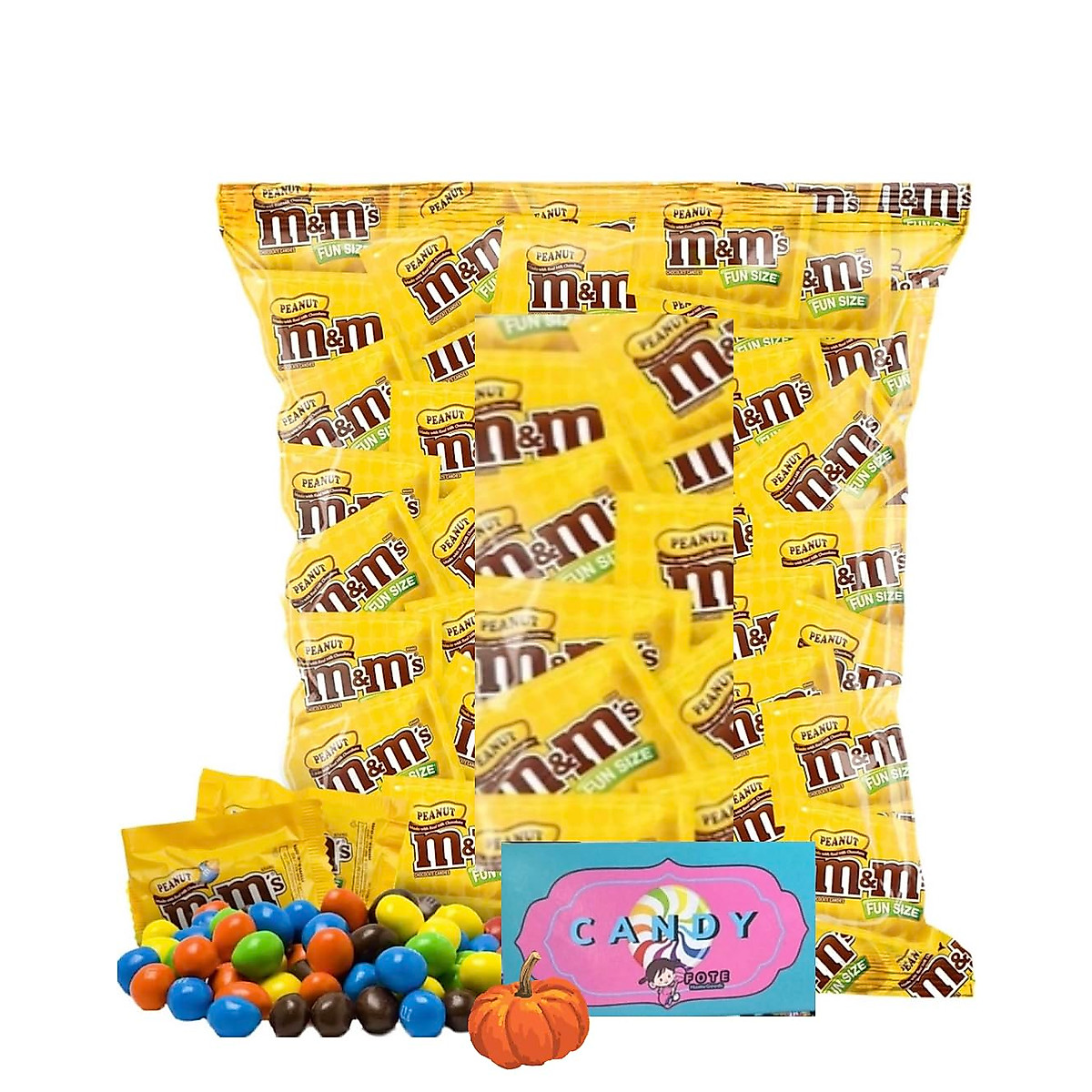 Peanut M&Ms Bulk Fun Size Halloween Mini Trick or Treat Snack Bag Pouches - 2 LBS, 3 Oz - Approx 50 Individually Wrapped Bags - Includes Fote Fridge Magnet