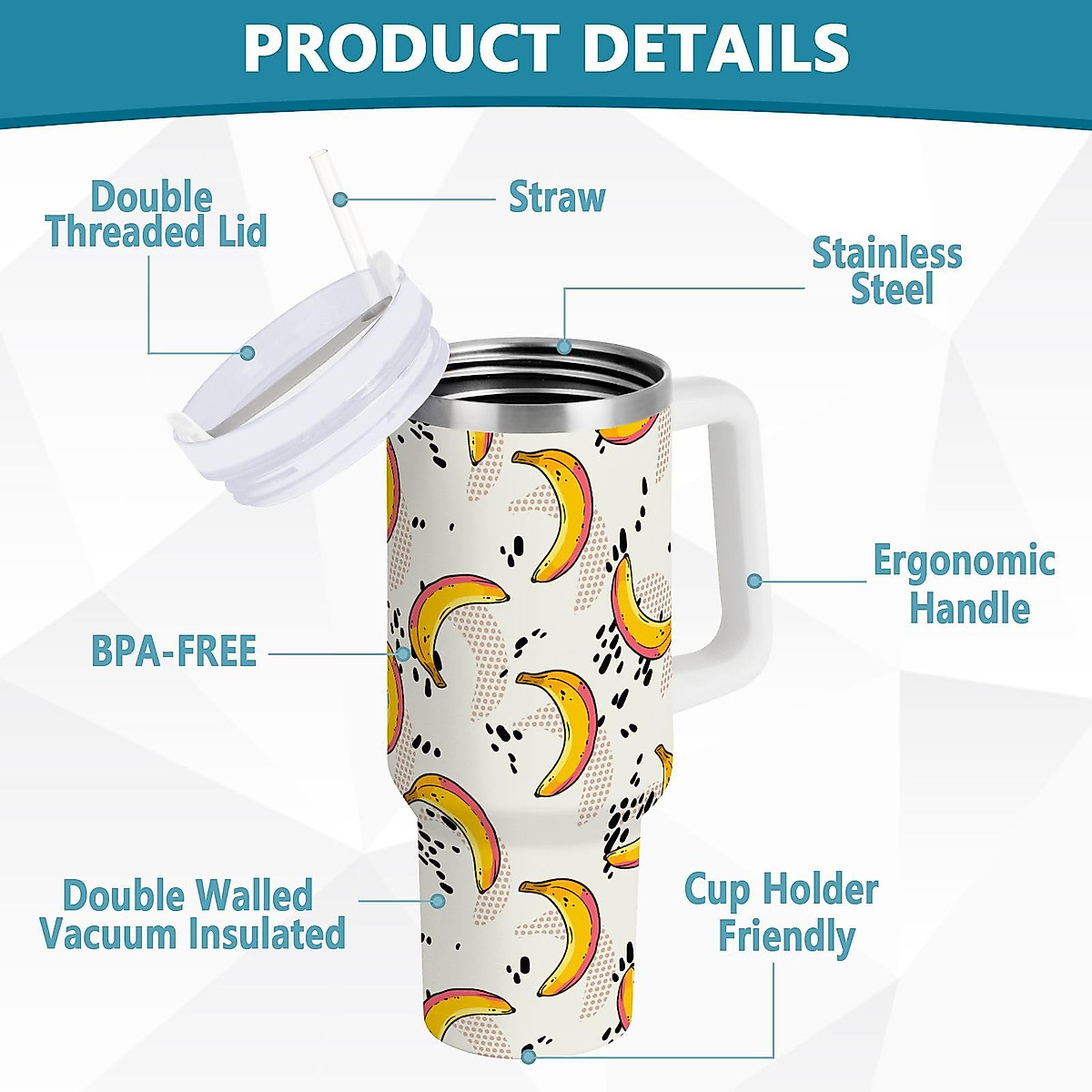 Emelivor Banana 40 oz Tumbler with Lid and Straw Insulated Tumblers with Handle Leak Proof Coffee Tumbler Mug Large Water Bottles for Men Women Sports Gym