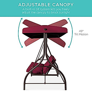 Best Choice Products 3-Seat Outdoor Large Converting Canopy Swing Glider, Patio Hammock Lounge Chair for Porch, Backyard w/Flatbed, Adjustable Shade, Removable Cushions - Burgundy