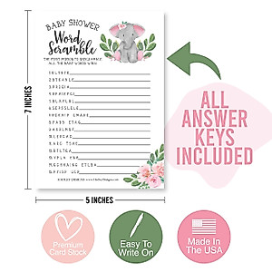 25 Elephant Word Scramble For Baby Shower, 25 True Or False Game, 25 Baby Animal Matching, 25 Nursery Rhyme Game - 4 Double Sided Cards Baby Shower Ideas, Baby Shower Party Supplies