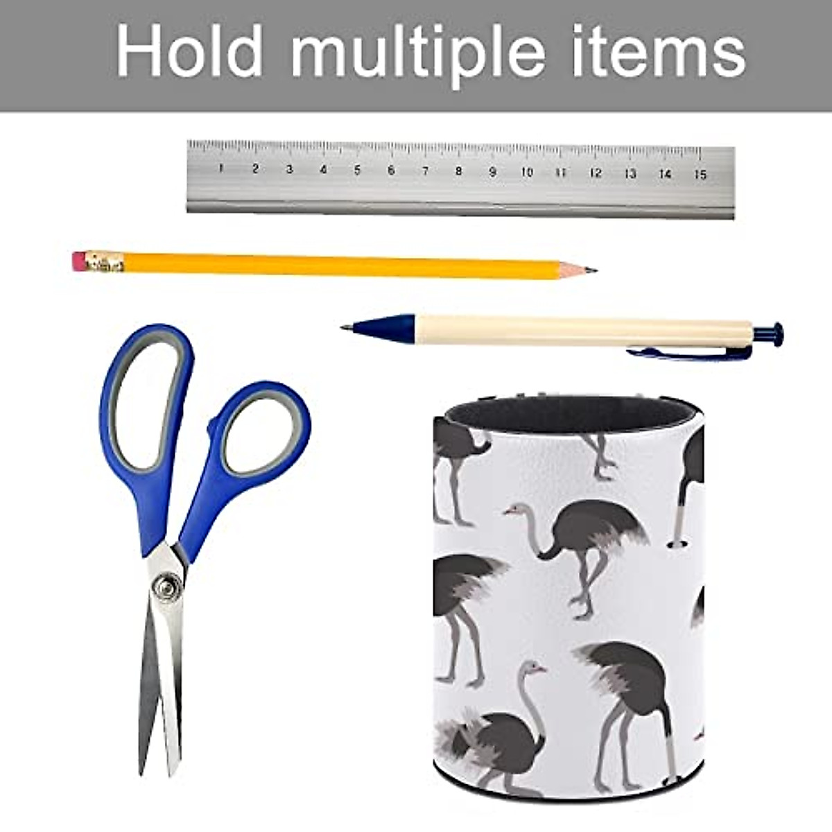 Cartoon Ostrich Bird Round PU Leather Pen Holder Desk Organizer Storage Container Pencil Container Brush Scissor Box