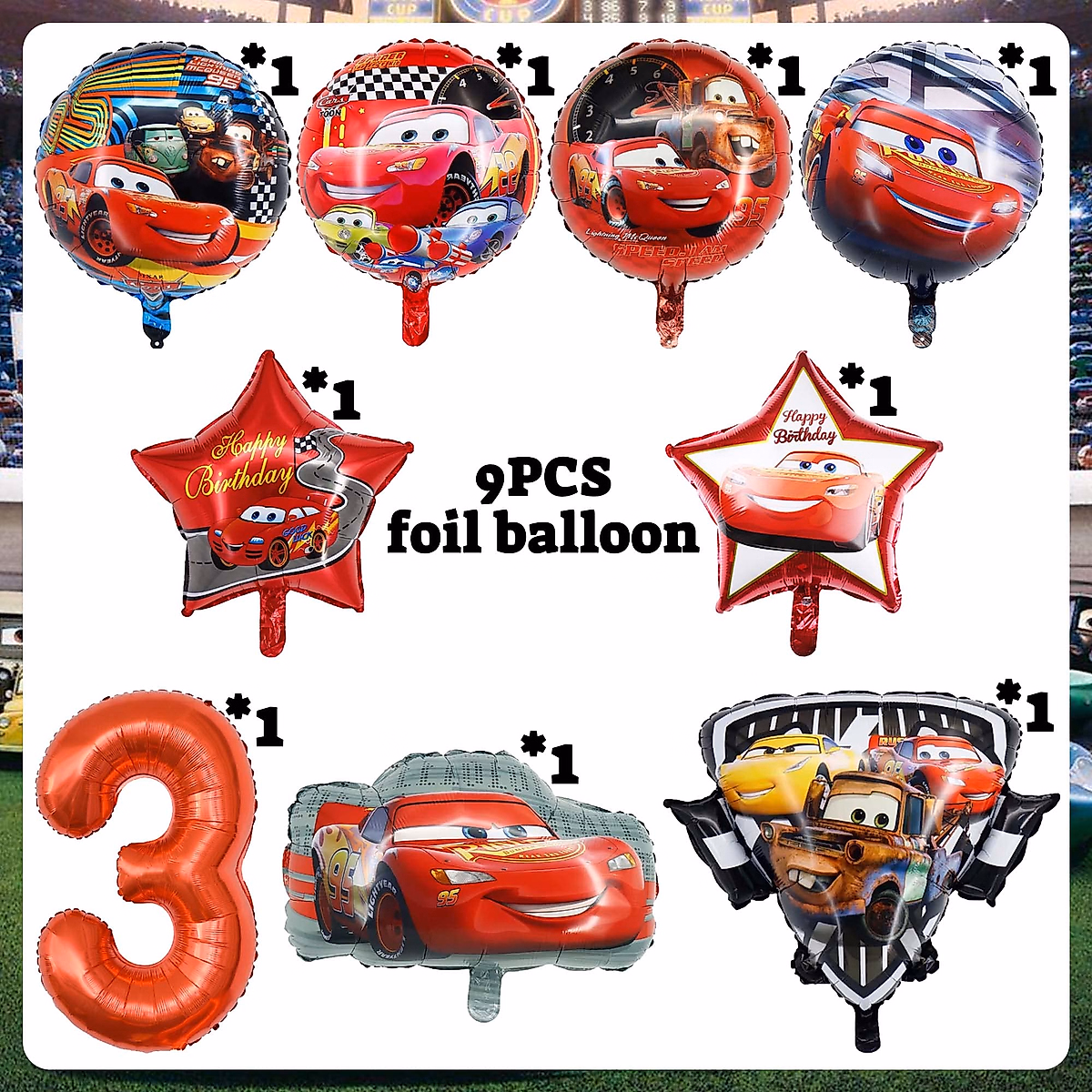 Cars Birthday Party Supplies - 9pcs Cars Lightning McQueen Foil Balloons for Kids 3rd Birthday Party Decorations (3rd)