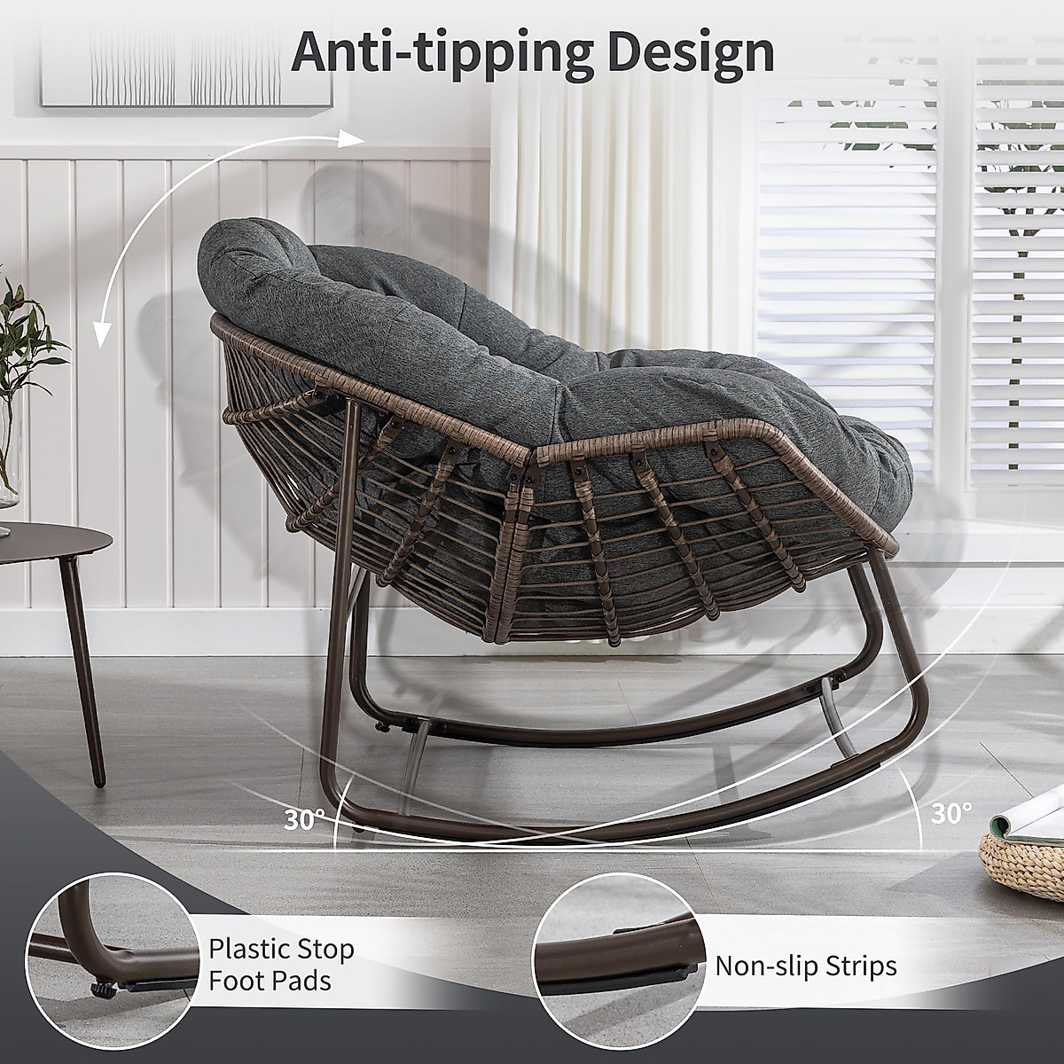 HOMEFUN Outdoor Patio Rocking Chairs, Oversized Papasan Rocking Chair Indoor with Padded Cushion - Rocker Egg Chair for Front Porch, Garden, Patio, Backyard Gray