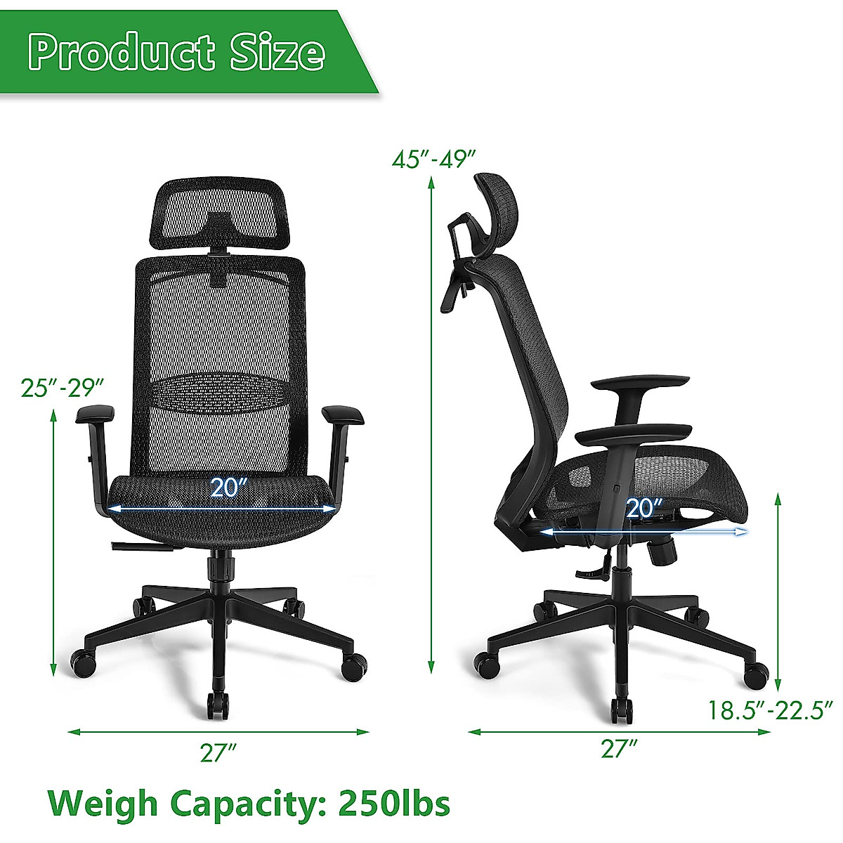 BestComfort High Back Mesh Office Chair, Ergonomic Executive Chair with Adjustable Reclining Angles, Lumbar Support, Headrest, Armrest, Swivel Rolling Computer Desk Chair with Coat Hanger (Black)