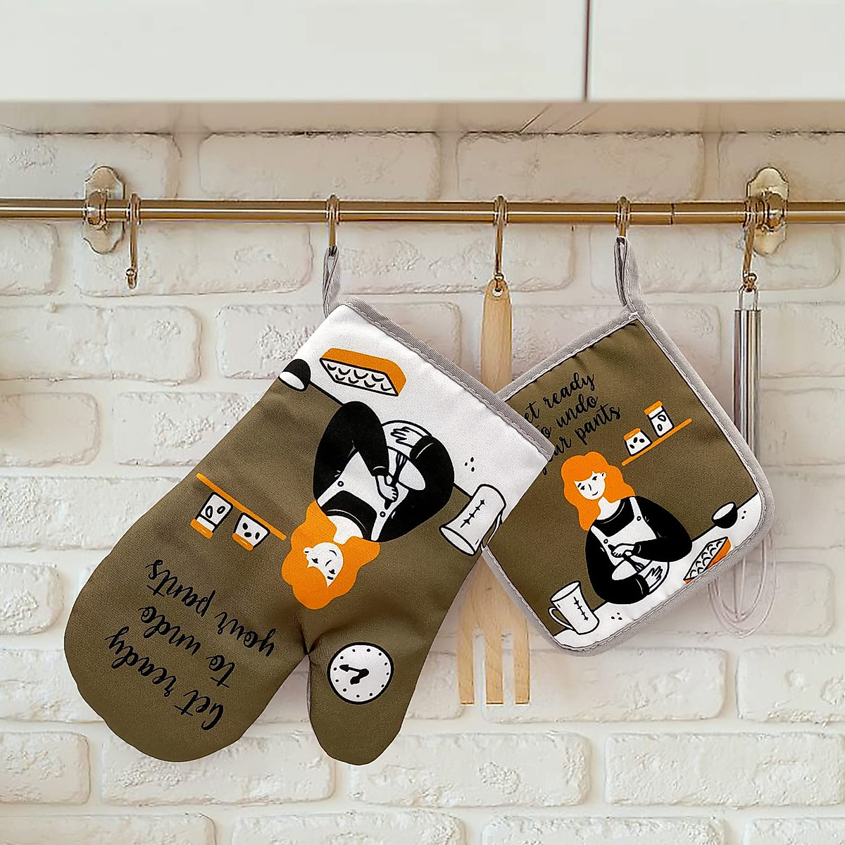 Get Ready to Undo Your Pants,Oven Mitts and Pot Holders Sets of 2，Funny Oven Mitt，Silicone Non-Slip Oven Mitts,Kitchen Gift for Women，Birthday Gifts for Mom, Wife, Girlfriend, Grandma