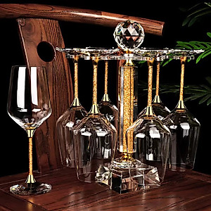 Elegant Desktop Crystal Glass Stemware Rack/Rotate 8 Wine Glass Storage Holder Stand Air Drying Rack (Gold)