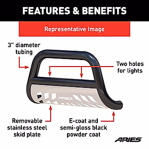 ARIES B35-2000 3-Inch Black Steel Bull Bar, No-Drill, Select Toyota Tacoma