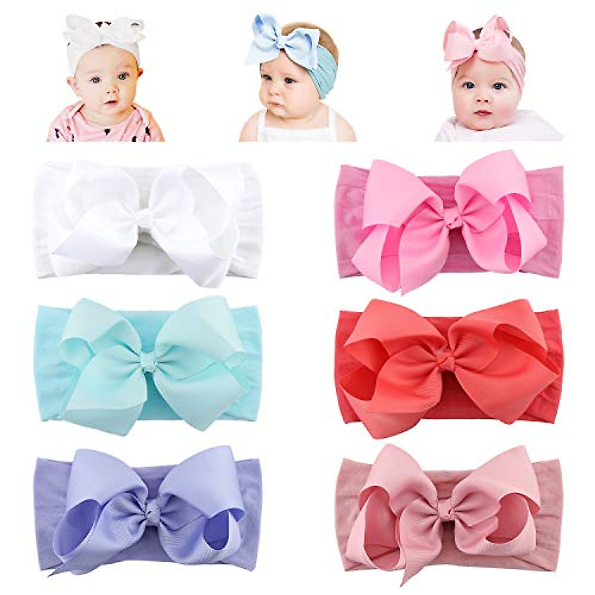 Makone 6PCS Nylon Headbands for Baby Girl, Handmade Hairbands with Bows Stretchy 5.5 inch Hair Bow for Kids Toddlers Infants Newborn