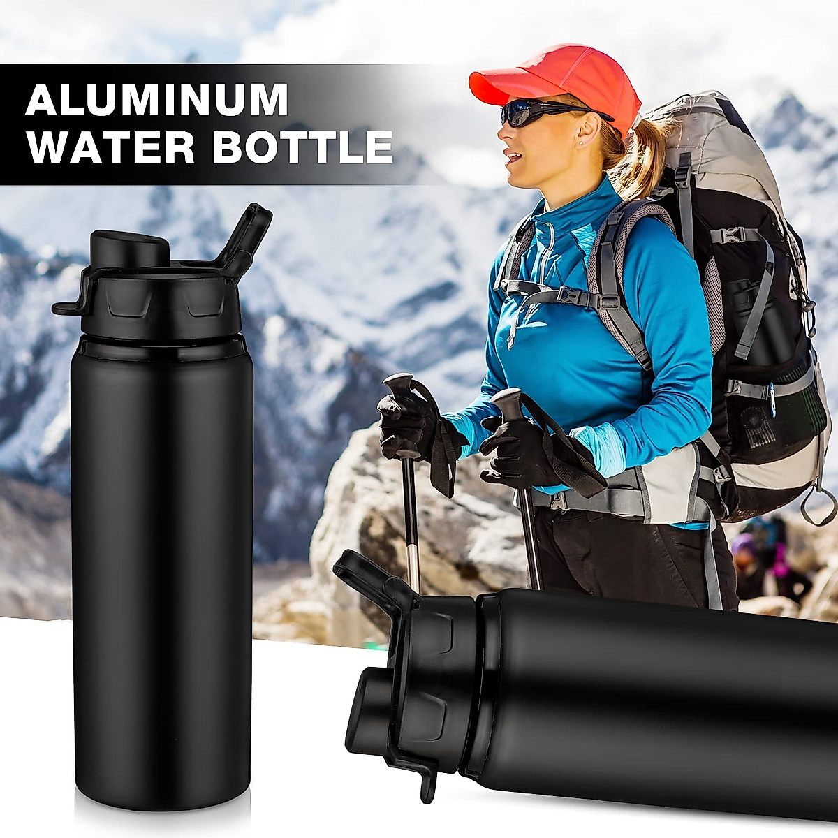 Shellwei 10 Pcs Aluminum Metal Water Bottles Bulk 24 oz Lightweight Leak Proof Sports Water Bottle with Snap Lid Reusable Bottle for Travel Camping Hiking(Black)