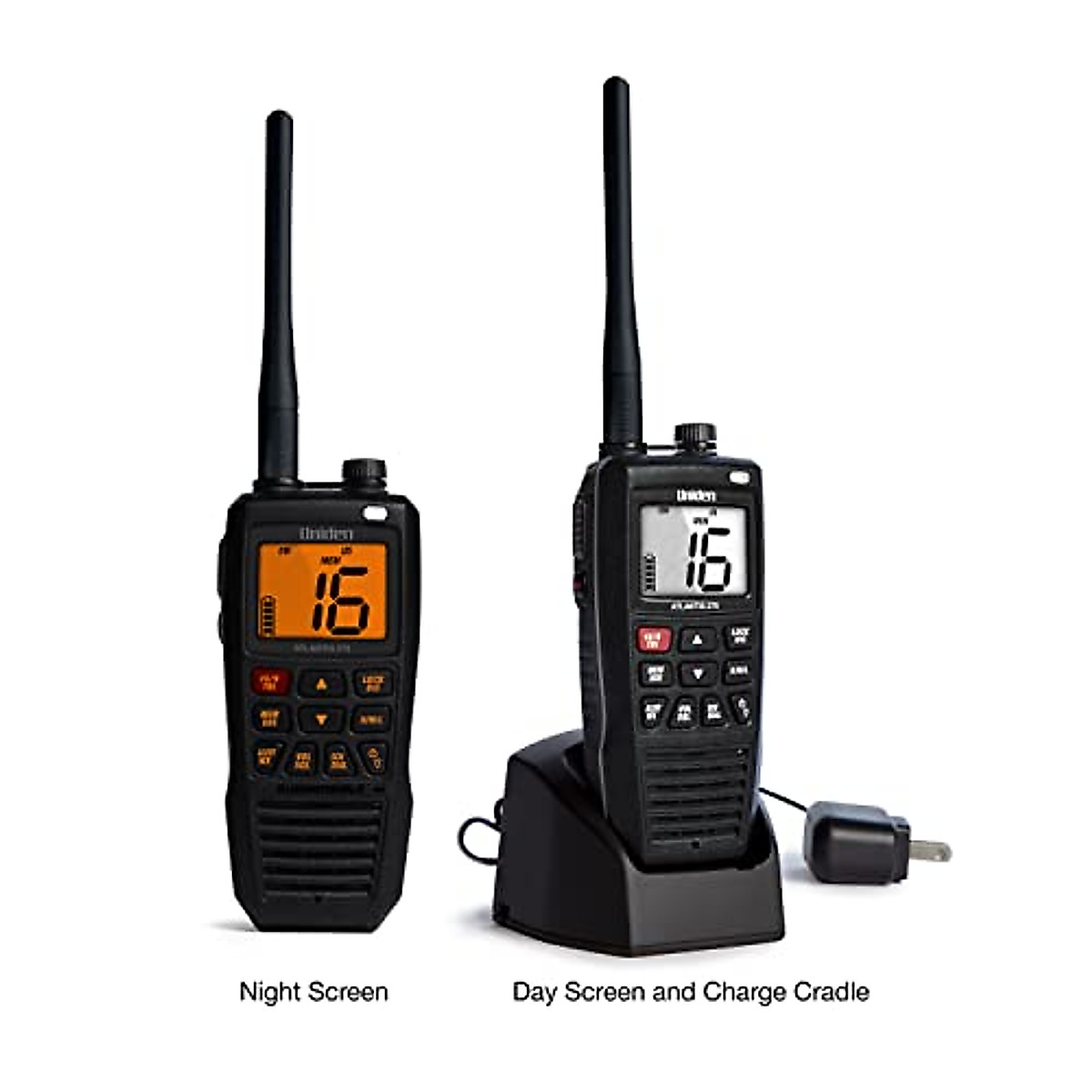 Uniden Atlantis 275 Handheld Two-Way VHF Marine Radio, Floating IPX8 Submersible Waterproof, Large Dual-Color Screen, 6-Watt, All USA/International/Canadian Marine Channels, NOAA Weather Alerts