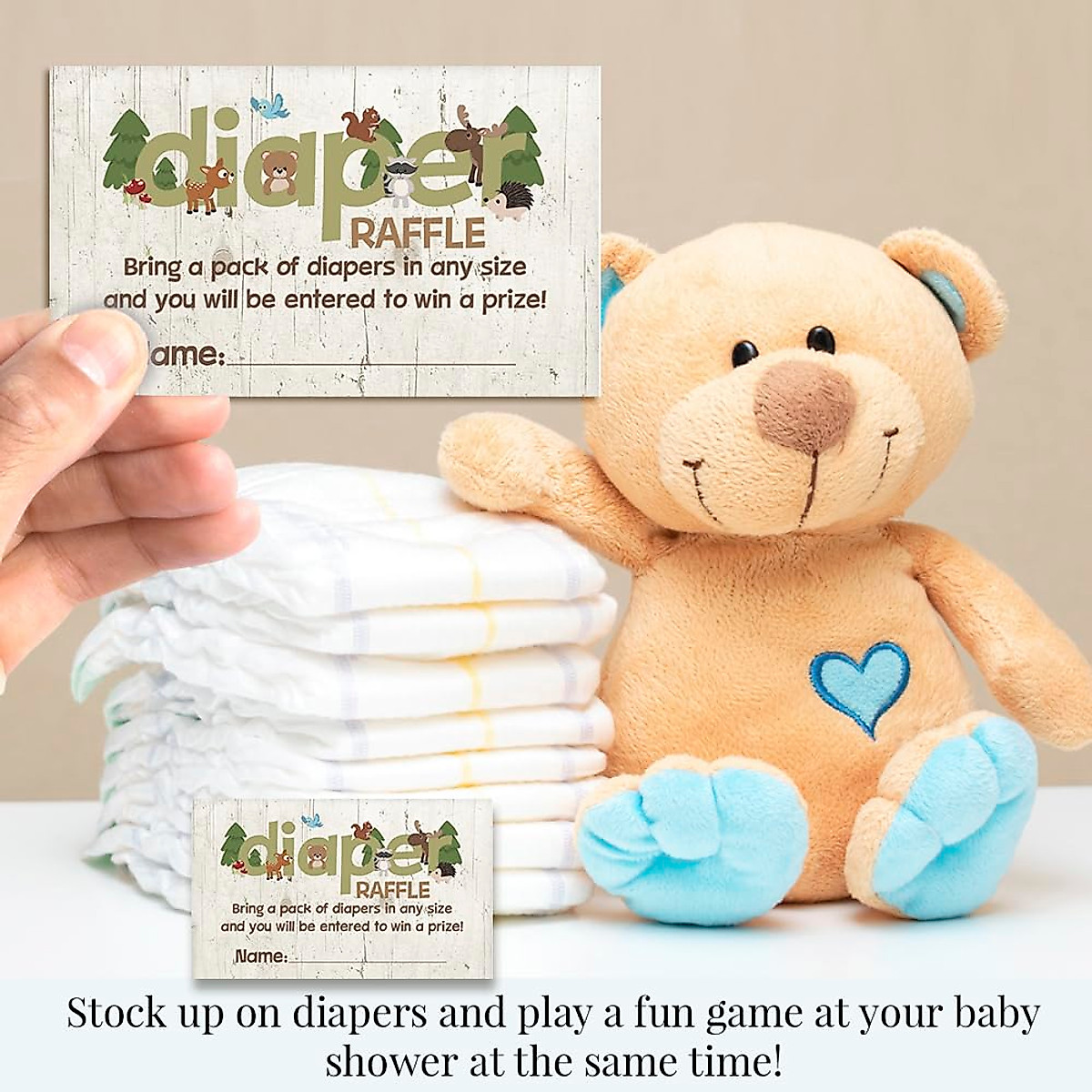 Woodland Forest Animals Diaper Raffle Tickets for Baby Showers, 20 2" X 3” Double Sided Insert Game Cards, Bring a Pack of Diapers to Win Favors & Prizes!