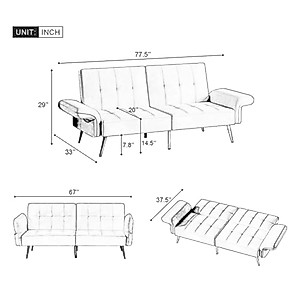 JFUYJK Velvet Futon Sofa Bed, Convertible Sleeper Loveseat Couch with Folded Armrests and Storage Bags for Small Space