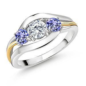Gem Stone King 925 Sterling Silver and 10K Yellow Gold Round White Moissanite and Blue Tanzanite 3 Stone Ring For Women (1.10 Cttw, Available In Size 5, 6, 7, 8, 9)