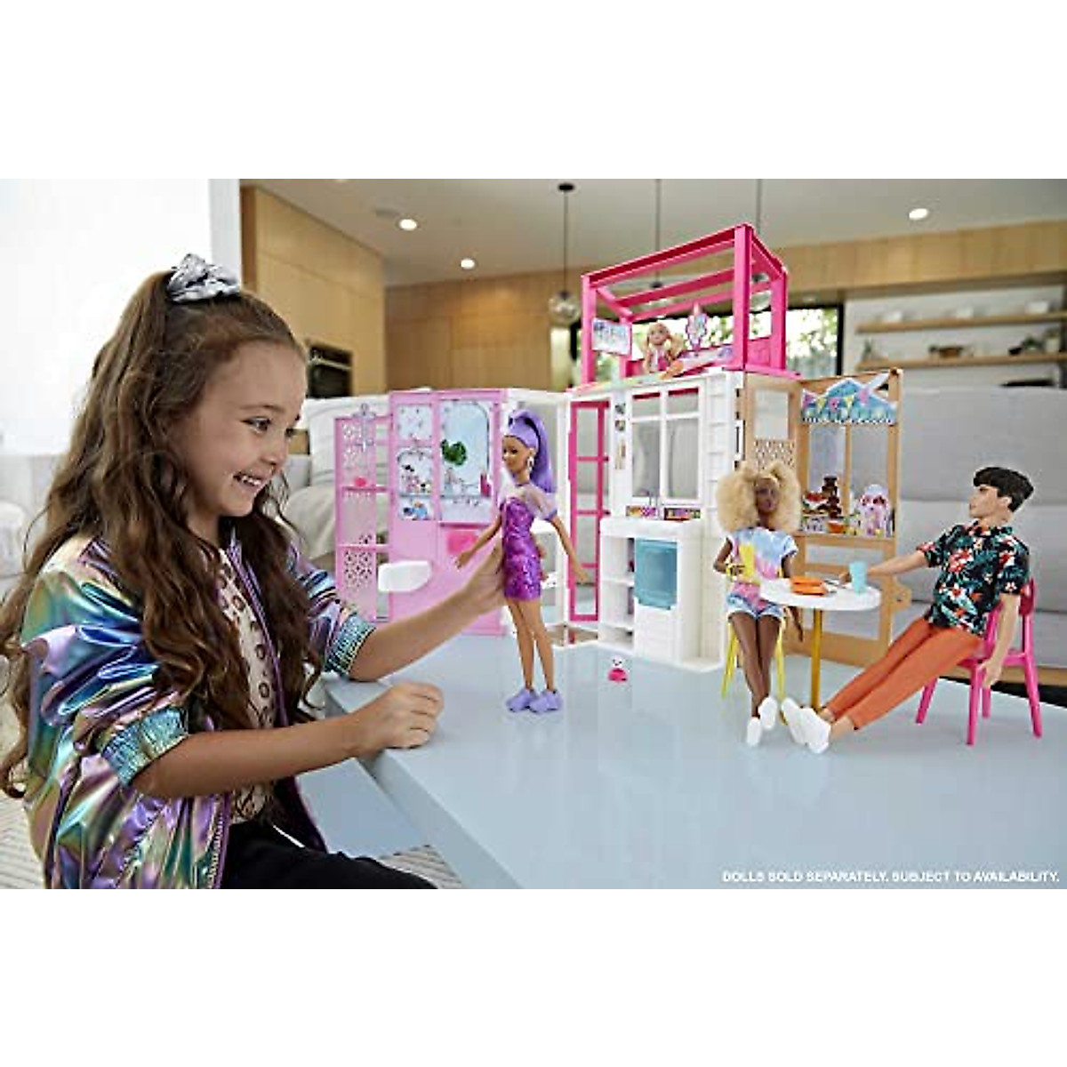Barbie Doll House with Furniture & Accessories Including Pet Puppy, 4 Play Areas (Kitchen, Loft Bed, Bathroom & Dining Room) Small