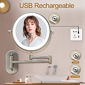 Rechargeable Lighted Makeup Mirror Wall Mount, Extendable Double Side Vanity Mirror with 10X Magnification 3 Color Lights 8 Inch Bathroom Mirror Nickel