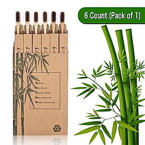 Virgin Forest Bamboo Toothbrush, Biodegradable Bamboo Charcoal Toothbrushes, Natural Eco Friendly Wooden Toothbrush 6-Pack