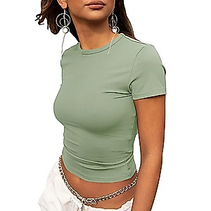 PRIMODA Women's Short Sleeve Slim Fitted Tee Shirt Top Basic Casual Crew Neck Workout Crop Top (Light Green S)