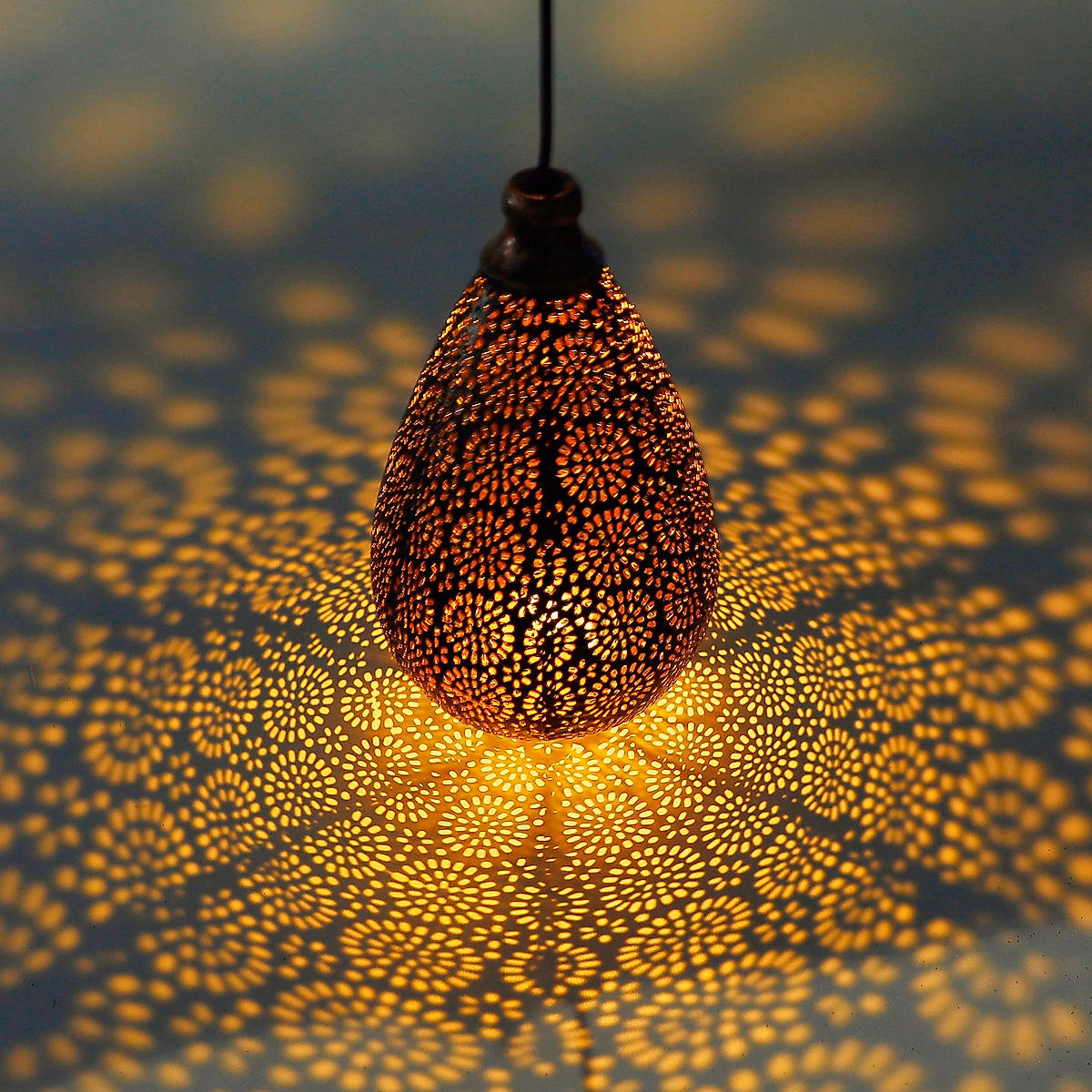 MAGGIFT 2 Pack Solar Hanging Lights, Solar Powered Decorative Retro Lantern with Handle, Warm White LED Christmas Garden Boho Flower Lights, Metal Drop Shape Waterproof Outdoor Yard Tree Fence Patio