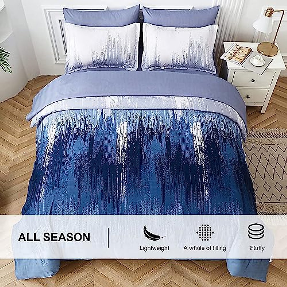 Navy Blue Comforter Set Queen,7 Pieces Bed in a Bag Colorful Abstract Art Gradient Comforter Soft Microfiber Bedding Set -1 Comforter, 1 Flat Sheet, 1 Fitted Sheet, 2 Pillow Shams,2 Pillowcases