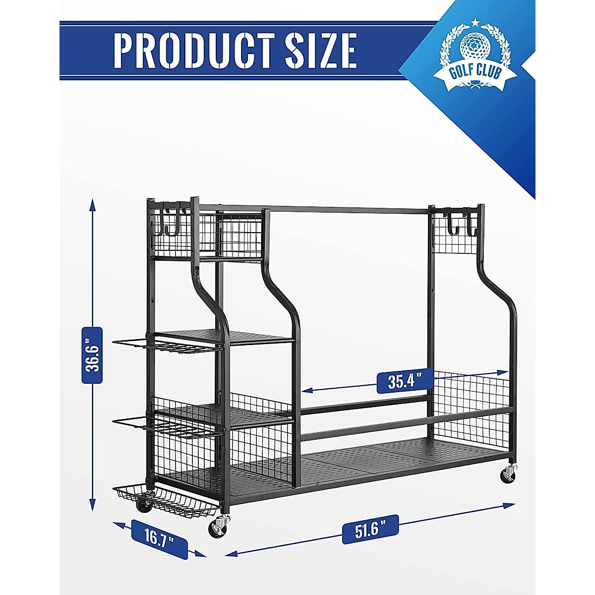 Mythinglogic 3 Golf Bags Storage Organizer-Extra Large Size Fits 3 Full Size Golf Bags,Golf Organizer for Golf Equipment and Accessories, Golf Club Storage Rack with Lockable Wheels