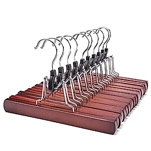 Nature Smile Wooden Pants Skirt Hangers, Smooth Finish Solid Wood Non Slip Jeans Slack Clamp Hangers Hair Extension Hangers (10 Pack Cherry)