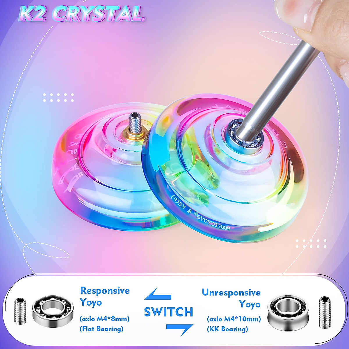 MAGICYOYO K2 Responsive Yoyo for Kids 8-12, Professional Yo yo for Beginners, Plastic Dual Function Yo-Yo with 12 Yoyo Strings, Yo-yos Case Bag + Yoyos Accessory Kit (Blue Pink Yellow Gradient)