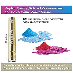 Gender Reveal Powder Cannon - 2 Pink & 2 Blue | Powder and Confetti Cannon Baby Shower Poppers - Boy or Girl Gender Reveal Smoke, 100% Biodegradable Tissue Safe Powder Cannon