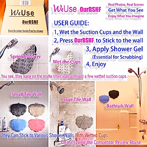 WeUse OurBSHF Back Scrubber Hands-Free for Shower. Easy to Clean Big Flat Silicone Back Washer Foot Massager Body Brush Replace Loofah Sponge. Stick to Wall to Scrub, Hang on Hook to Dry (Pink)