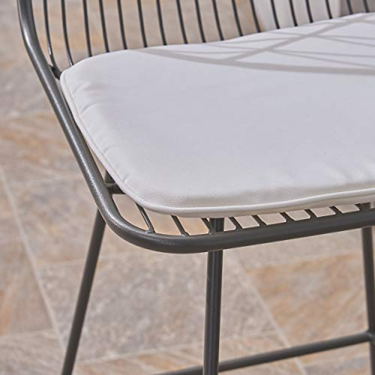 Great Deal Furniture Ella Outdoor Counter Stools, 26" Seats, Modern, Geometric, Gray Iron Frames with Ivory Cushion (Set of 4)