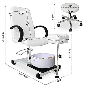 Paddie White Pedicure Chair with Rolling Low Stool/Foot Basin/Leg Rest Hydraulic Adjustable for Salon Spa Nail Tech