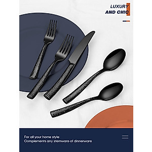 Stapava 48 Pcs Black Hammered Silverware Set with Steak Knives, Stainless Steel Flatware Set for 8, Mirror Cutlery Include Forks Spoons and Knives Set for Home Hotel, Dishwasher Safe Utensils