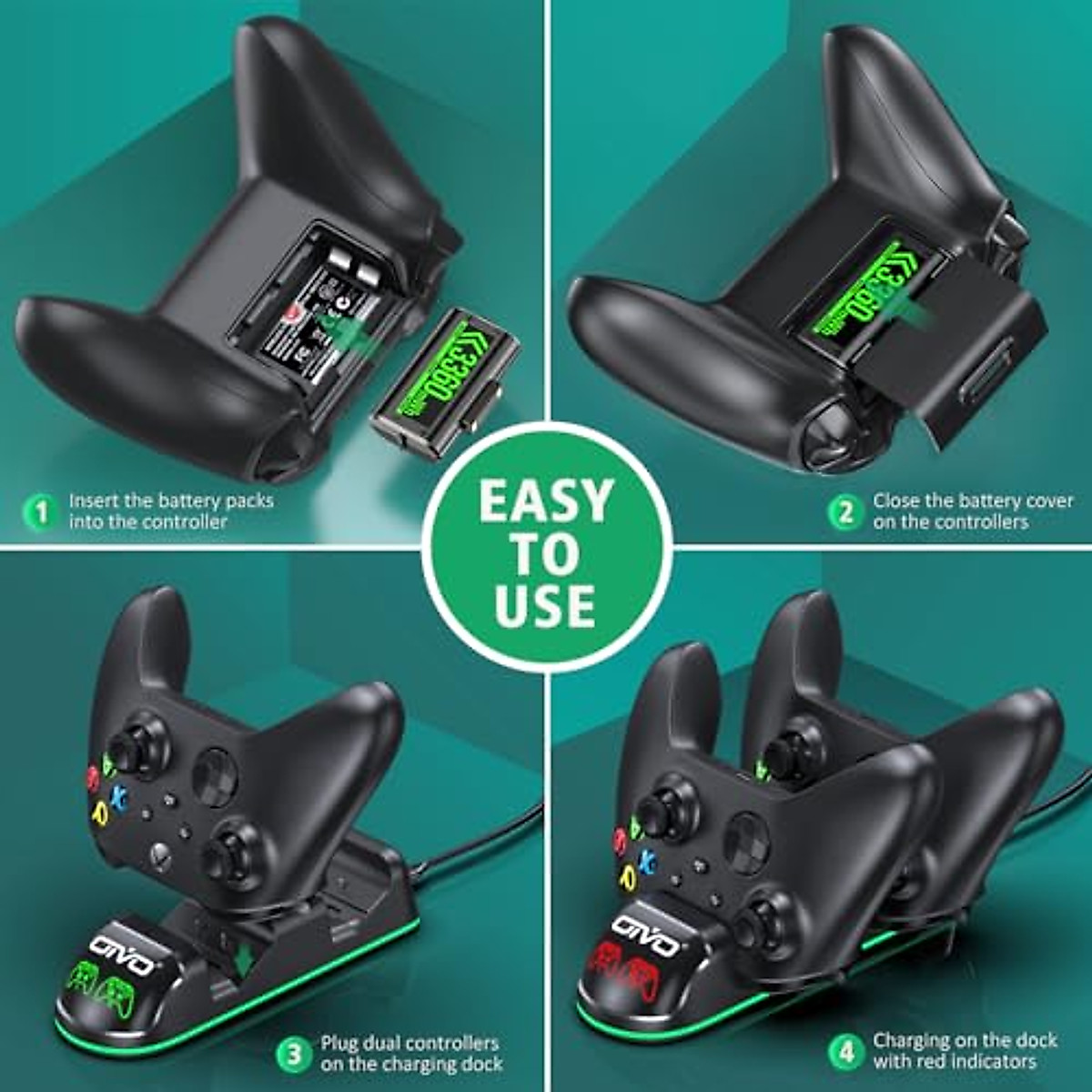 OIVO XSX Controller Charger Station with 2 Packs 3360mWh Rechargeable Battery for Xbox Series X/S/One/Elite/Core Controller, Charging Dock with 4 Packs Covers