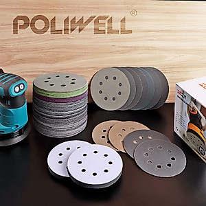 POLIWELL 120pcs 5 Inch Sanding Discs Hook & Loop 8 Holes Wet Dry 320 400 600 800 1000 2000 3000 Grit Orbital Sandpaper with 2pcs Interface Pads, Silicon Carbide Round Flocking Sandpaper